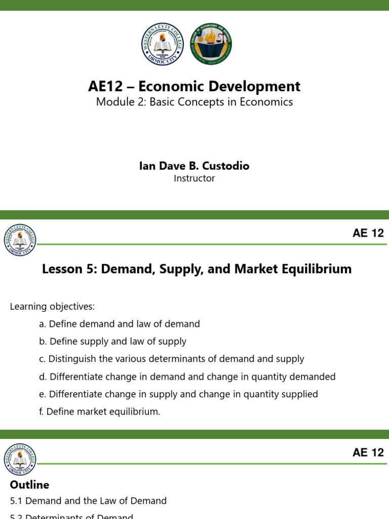02 AE12 Mod2 Lesson5 DemandSupplyMarketEquilibrium | PDF | Demand | Supply (Economics)