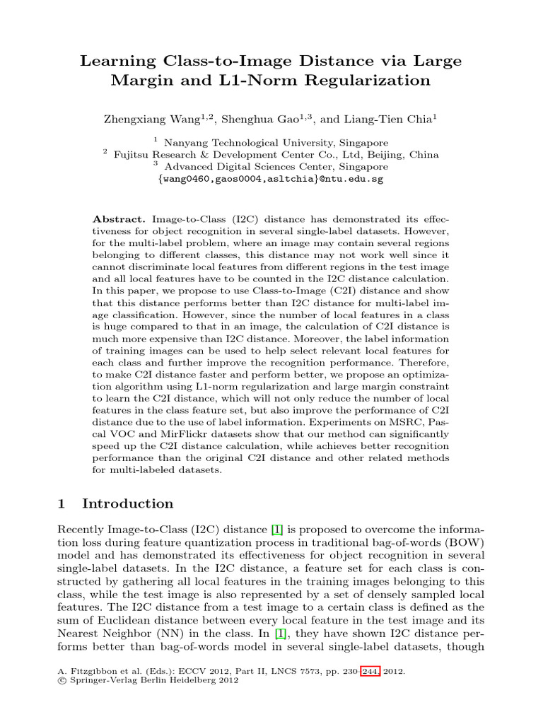 Learning Class-to-Image Distance Via Large Margin and L1-Norm Regularization | PDF ...