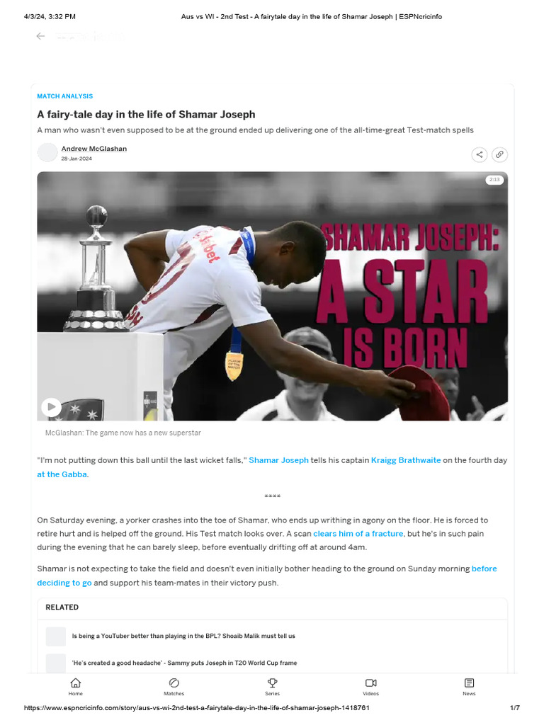 01aus Vs WI - 2nd Test - A Fairytale Day in The Life of Shamar Joseph ...