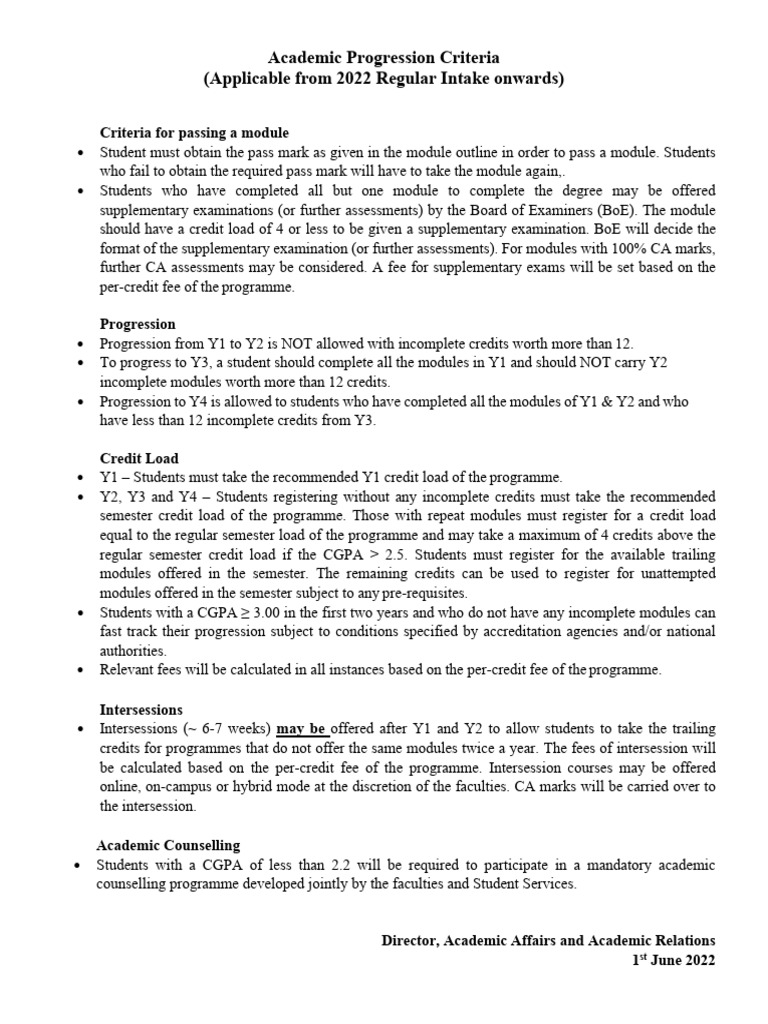 Academic Progression Criteria (2022 Regular Intake Onwards) | PDF ...