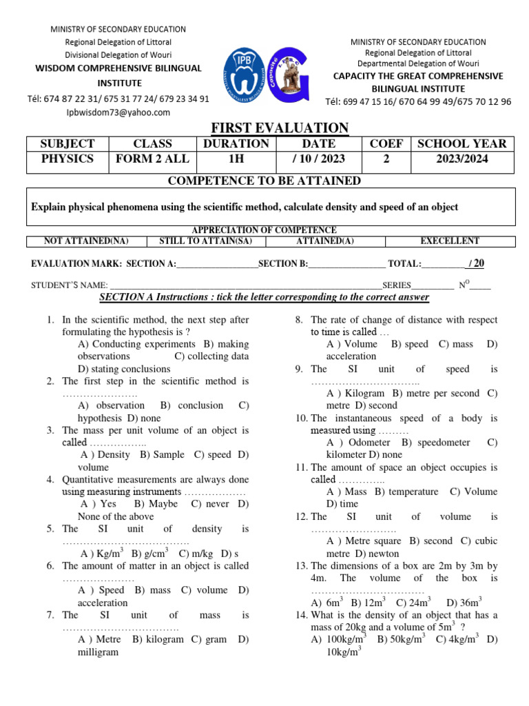 Physics Form 2 Eval 1 | PDF | Speed | Density
