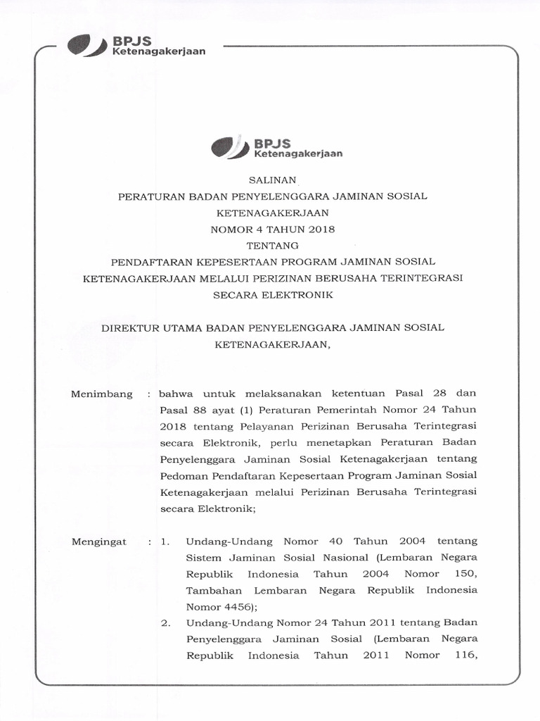Peraturan BPJS Ketenagakerjaan Nomor 4 Tahun 2018 Pendaftaran ...