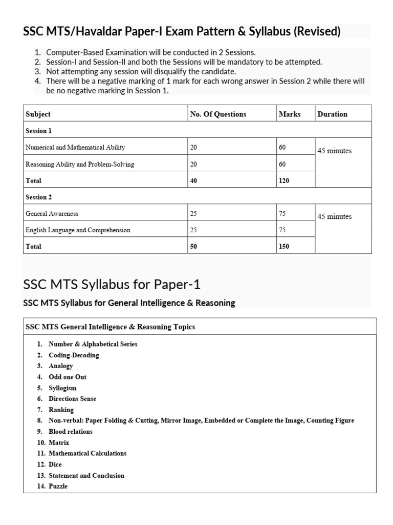 Ssc Mts And Havaldar New Exam Syllabus Pdf Reason Cognition