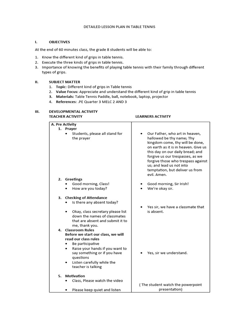 Table Tennis Grips Lesson Plan | PDF | Table Tennis | Lord's Prayer