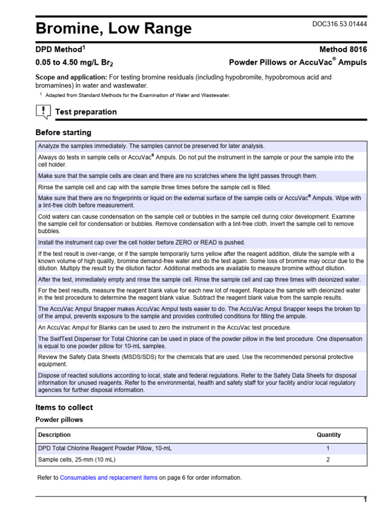 Bromine, Low Range: DPD Method Method 8016 0.05 To 4.50 MG/L BR Powder ...