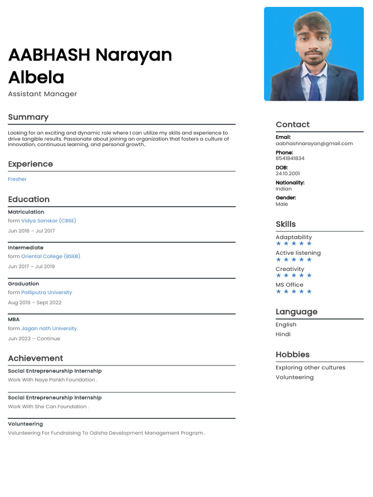 Aabhash Narayan (CV) - 1710438717 | PDF | Leadership | Business Economics