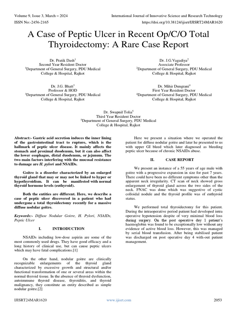 A Case Of Peptic Ulcer In Recent Op C O Total Thyroidectomy A Rare