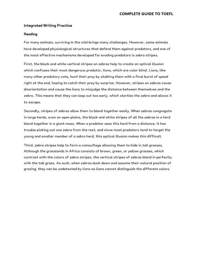 8.2 Integrated Writing Practice - Reading & Listening | PDF | Predation | Zebra
