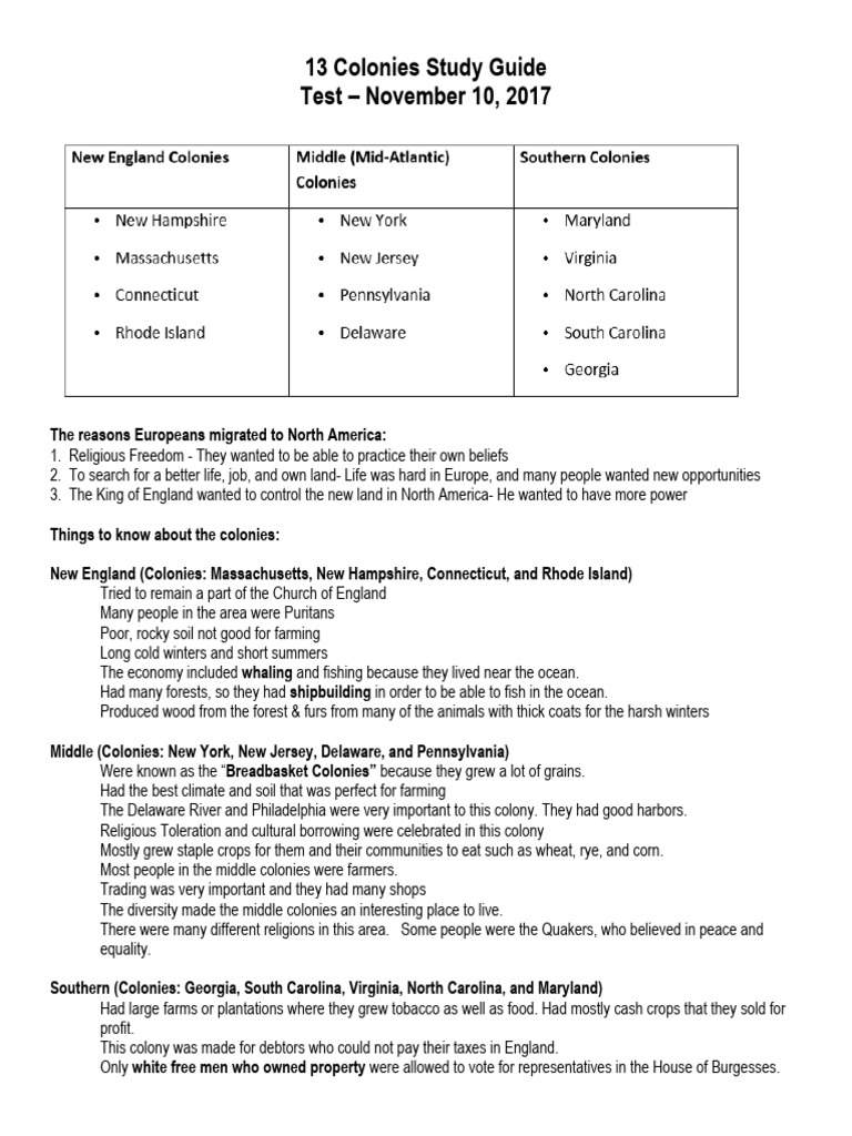 13 Colonies Study Guide | PDF | Slavery | Thirteen Colonies