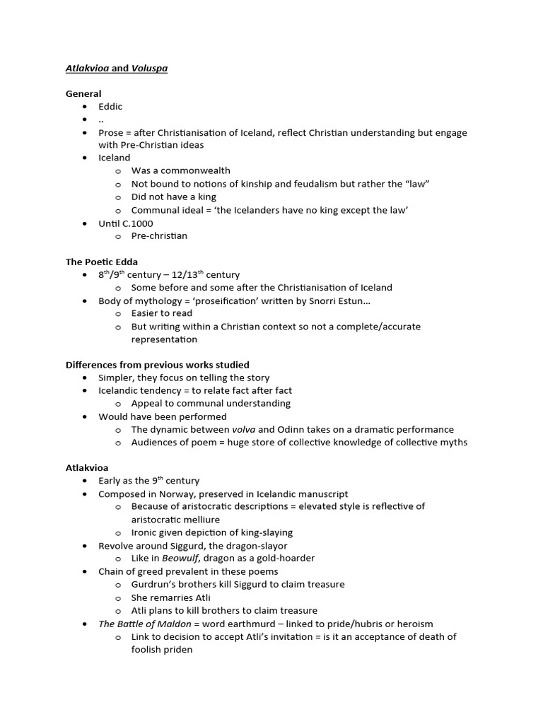 Tutorial 4 - Atlakvioa and Voluspa (Notes) | PDF | Æsir | Odin