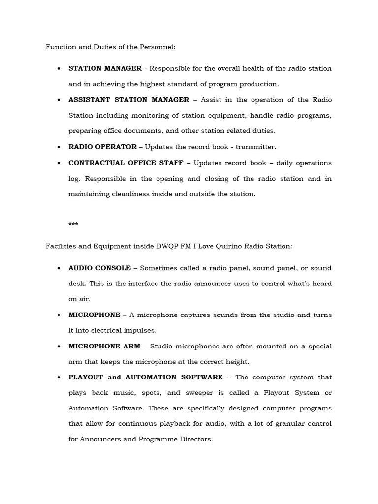 Radio Station Roles and Equipment Overview | PDF | Microphone | Headphones