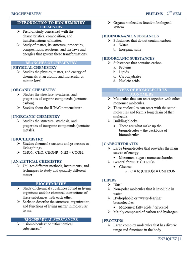 Biochemistry Reviewer Prelims 2nd Sem | PDF | Carbohydrates | Biochemistry