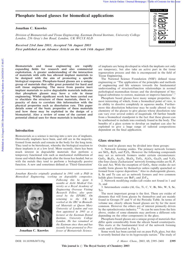 Phosphate Glasses in Biomedical Engineering | PDF | Biomaterial | Glasses