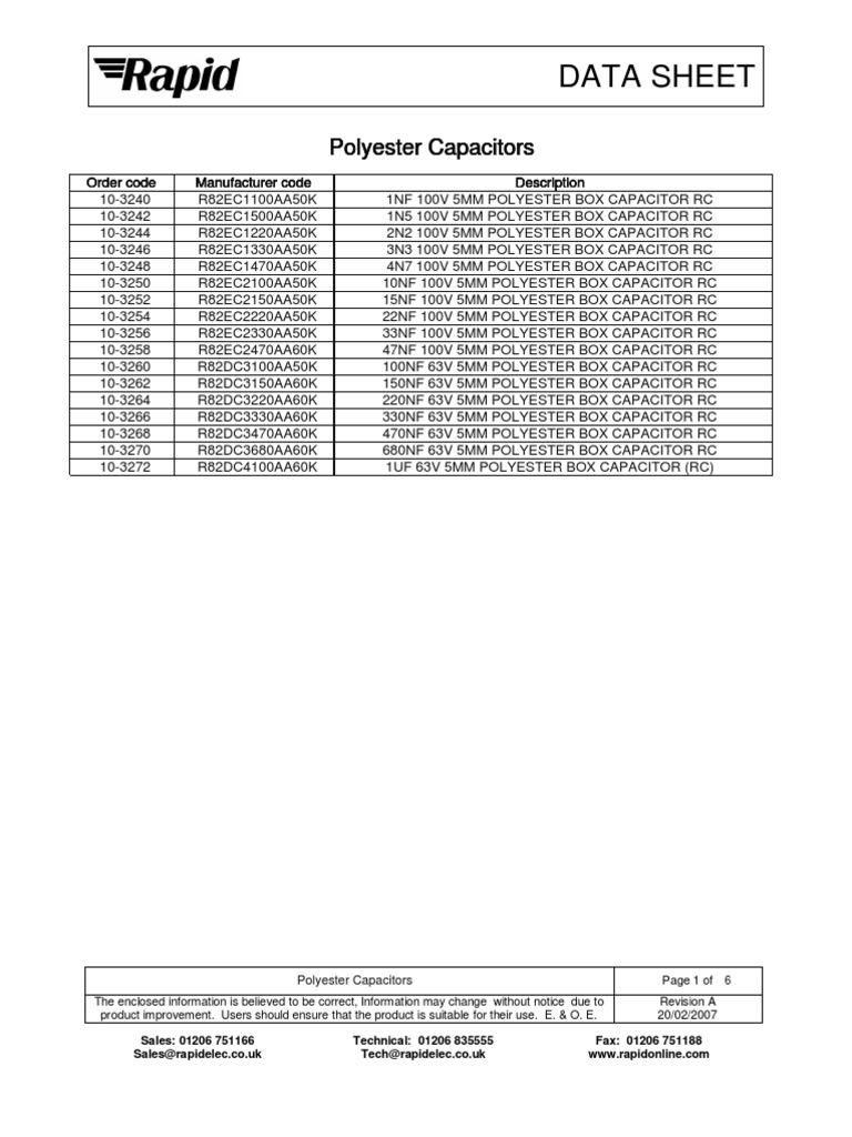22nF Polyester Capacitor Datasheet | PDF | Capacitor | Electrical ...