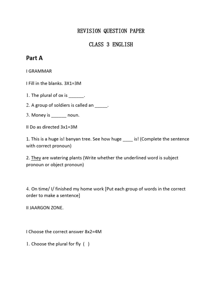 Revision Question Paper English Class 3 | PDF | Pronoun | Syntax