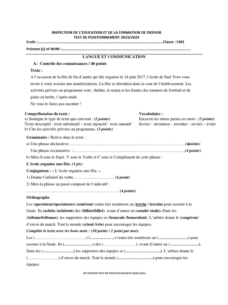 Test de Positionnement CM1 2023-2024 | PDF | Phrase | Linguistique
