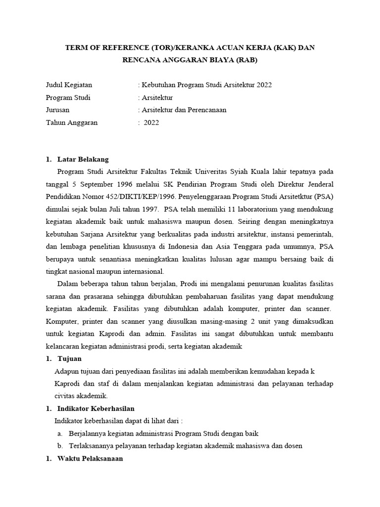 TOR Dan RAB Prodi Arsitektur | PDF
