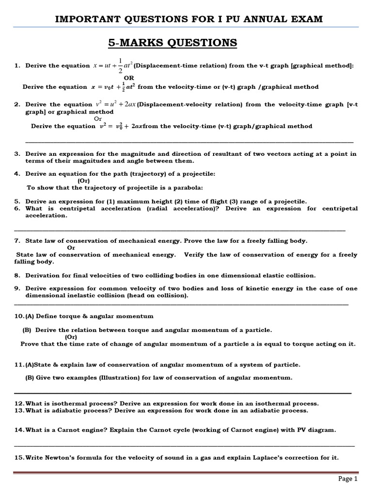 Physics Exam Prep for I PU Students | PDF | Torque | Rotation Around A Fixed Axis