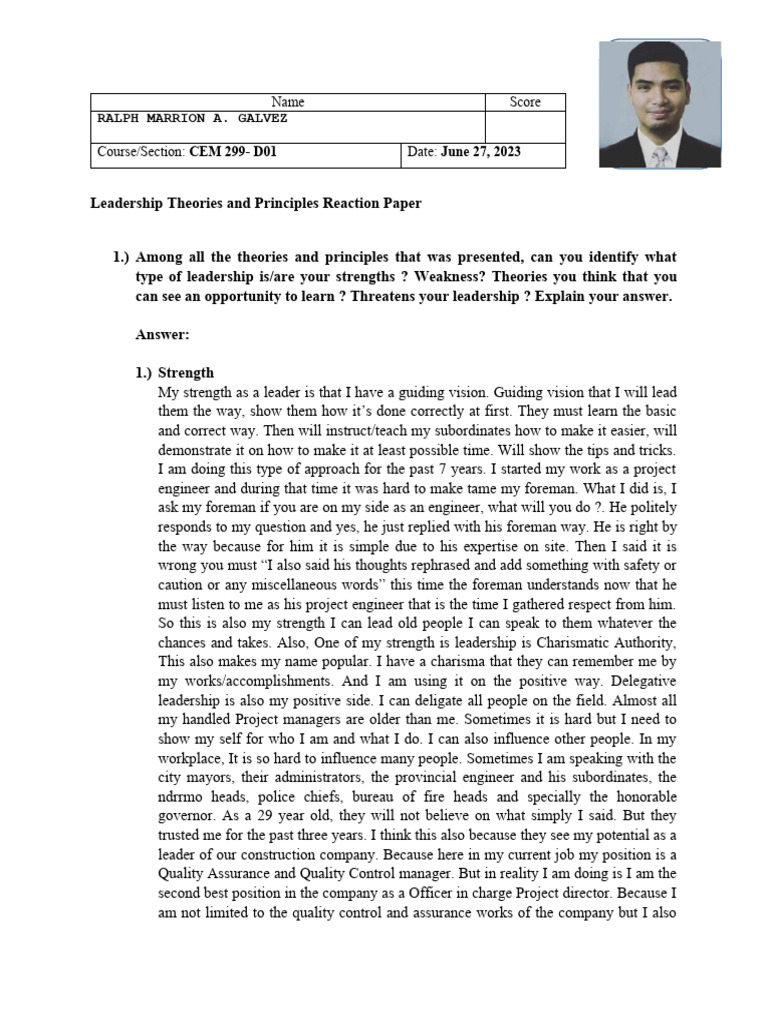 Leadership Reaction Paper Theories and Principles | PDF | Leadership ...