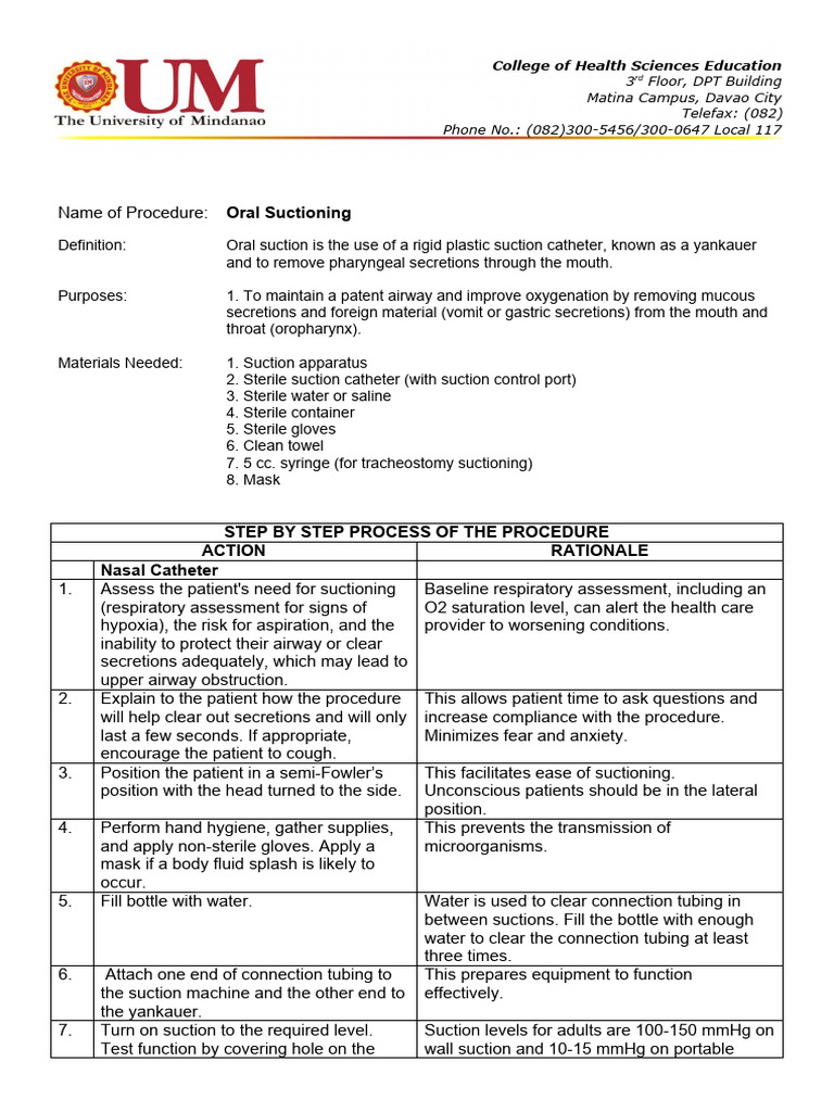 Oral Suctioning Procedure Guide | PDF | Respiratory Tract | Hand Washing