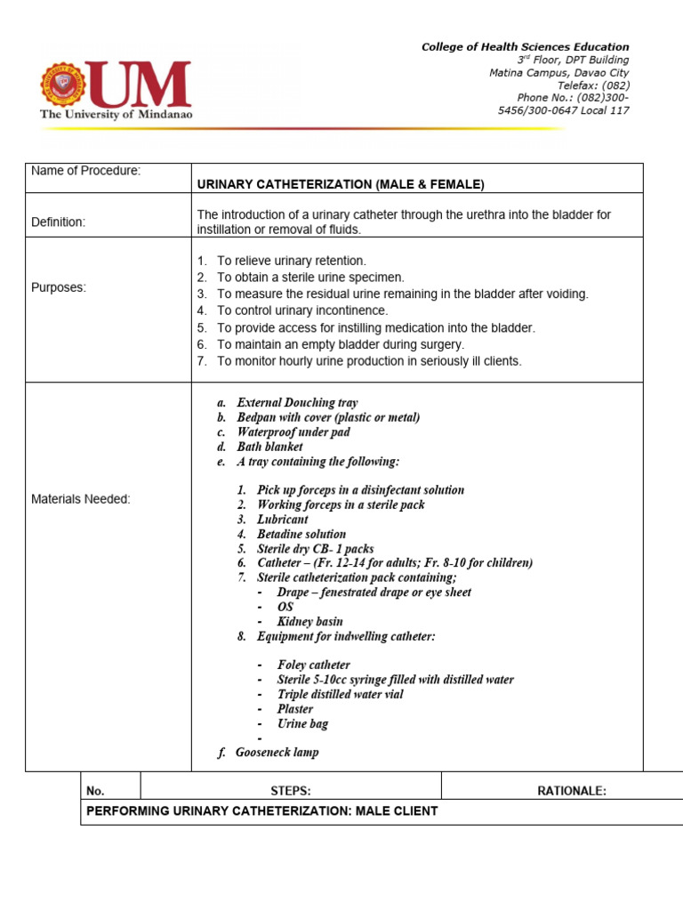 Male and Female Urine Catheterization Procedure | PDF | Urinary ...