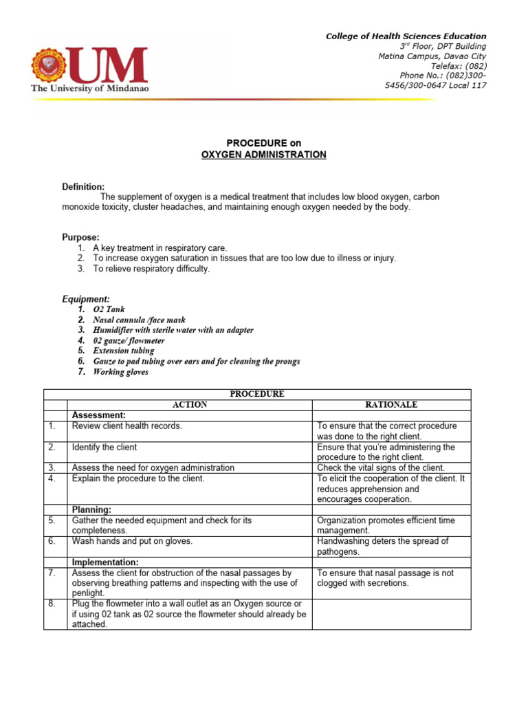 Oxygen Administration Procedure | PDF | Respiratory Tract | Breathing