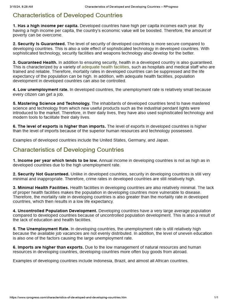 Developed vs. Developing Countries Characteristics | PDF | Developing Country | Unemployment