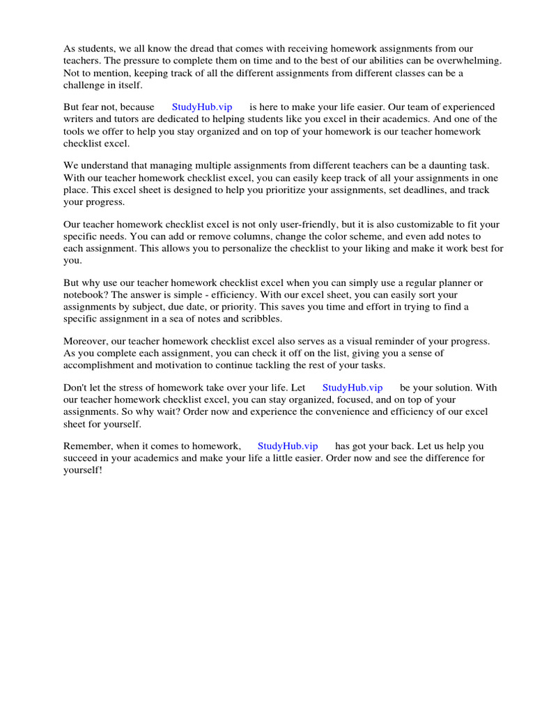 Teacher Homework Checklist Excel | PDF | Homework | Safari (Web Browser)