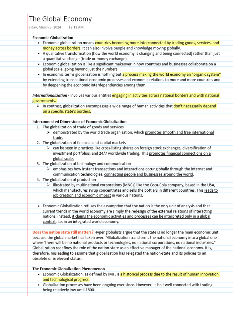Global Economy Notes | PDF | Bretton Woods System | Balance Of Payments