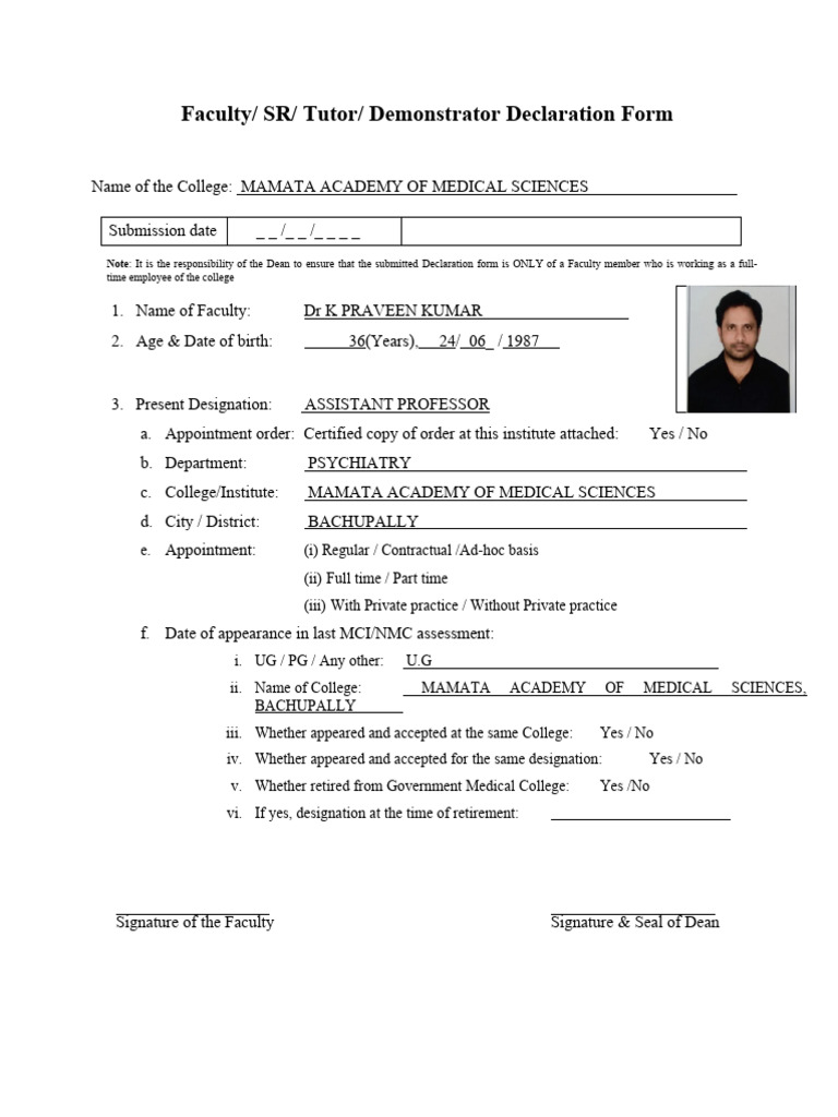 Faculty Proforma Praveen Psychiatry | PDF | Doctor Of Medicine | Medical School