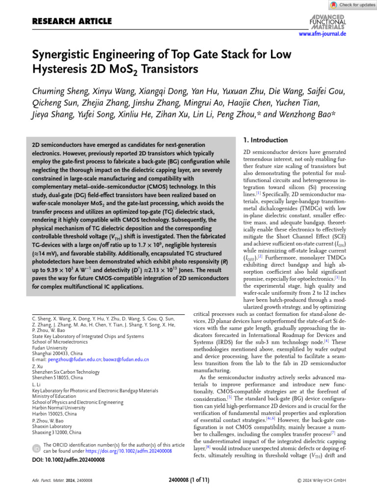 Adv Funct Materials - 2024 - Sheng - Synergistic Engineering of Top Gate Stack For Low ...