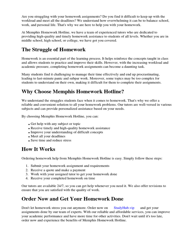 Memphis Homework Hotline | PDF | Homework | Teachers Memphis Homework Hotline | PDF | Homework | Teachers