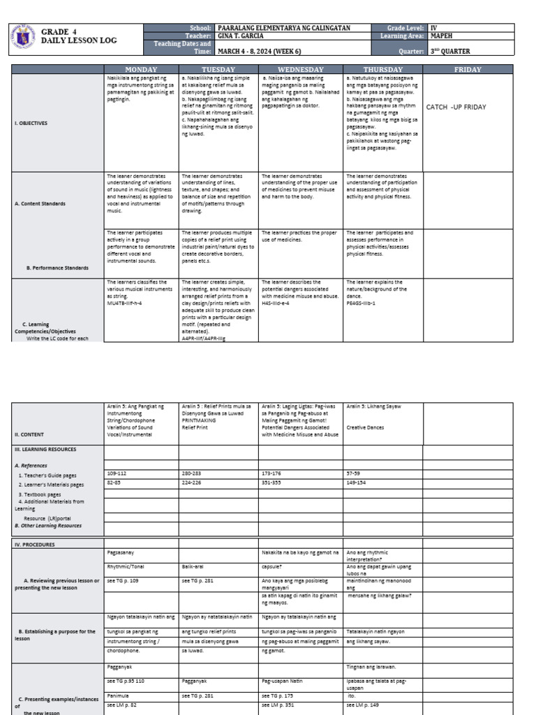 DLL Mapeh-4 Q3 W6 | PDF | Learning | Behavior Modification
