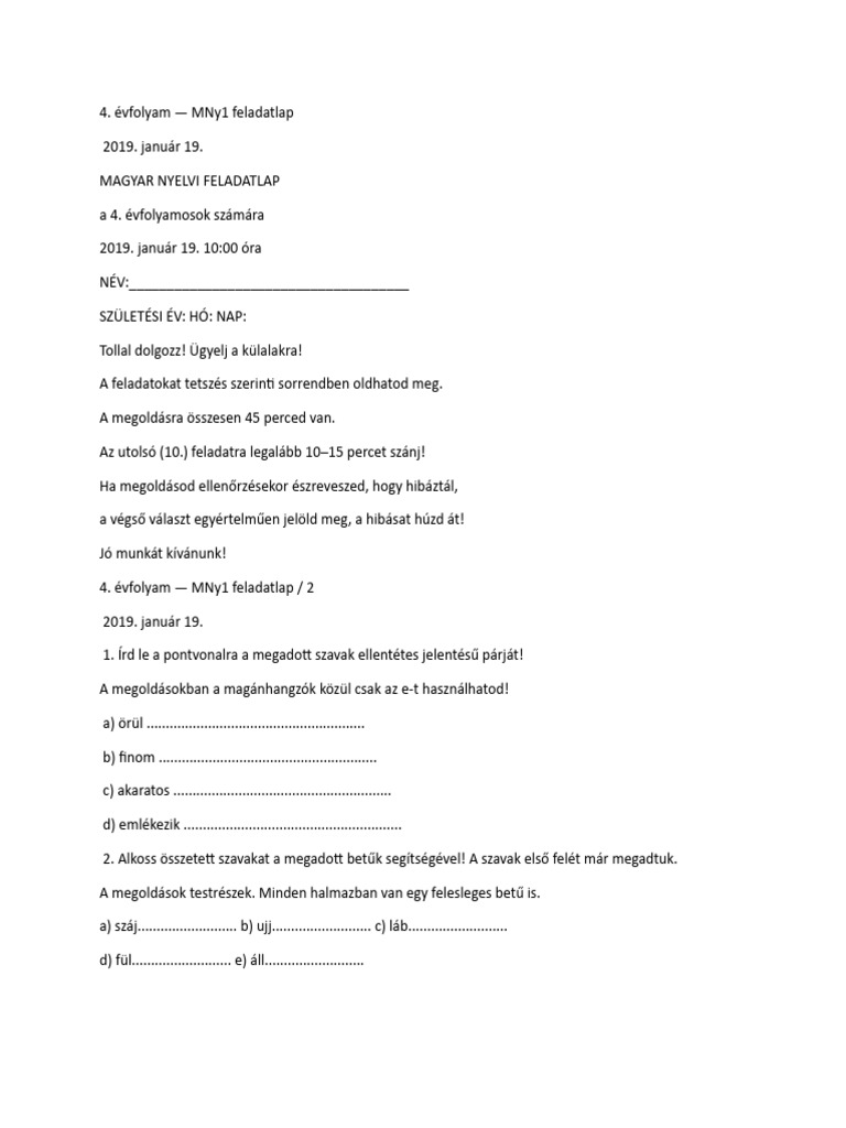 Feladatlap Nyelvtan 2 | PDF