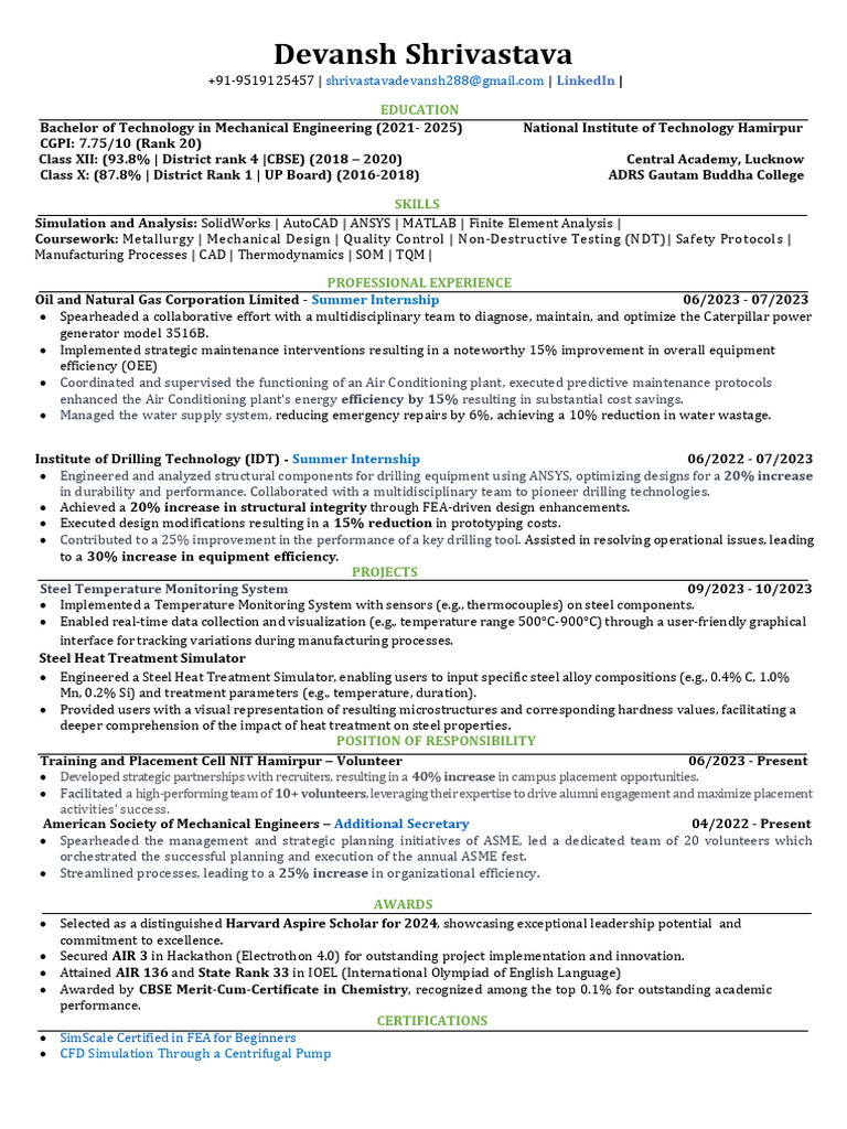 Devansh Resume TATA STeel | PDF | Mechanical Engineering | Heat Treating