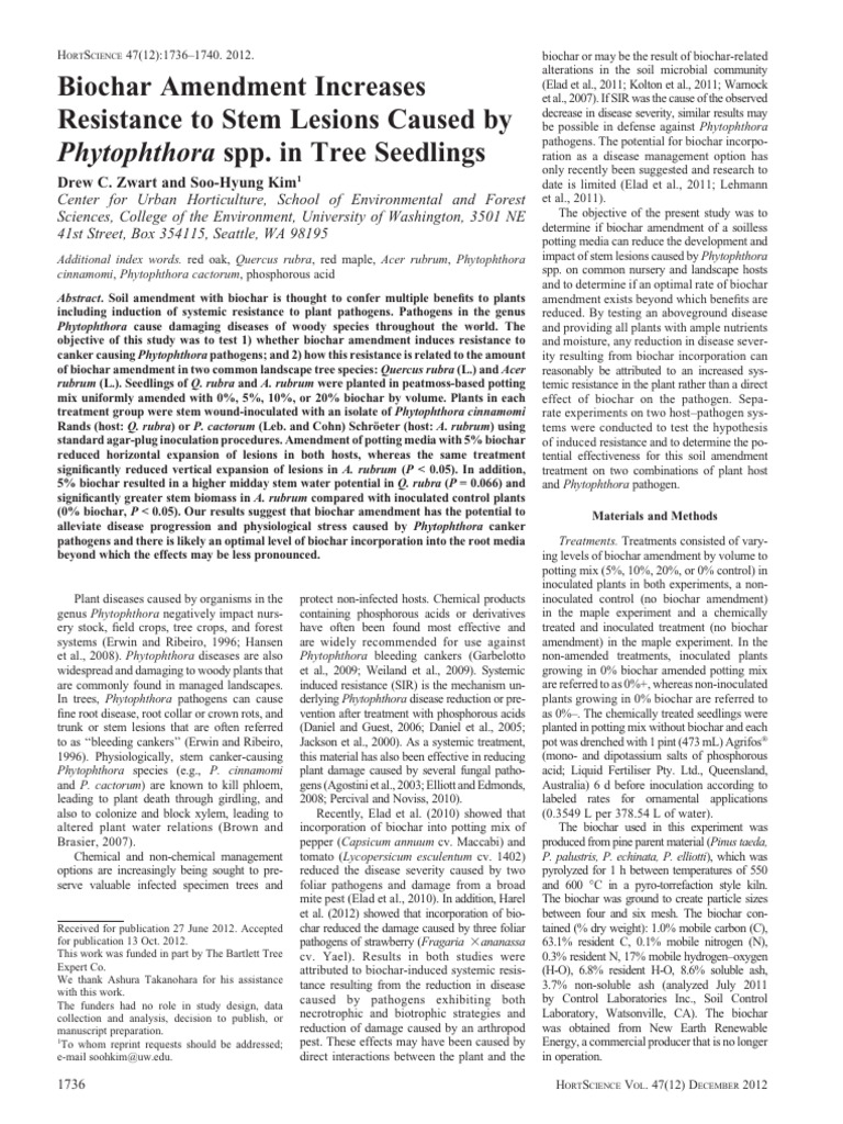 Biochar Amendment Increases Resistance To Stem Lesions Caused by ...