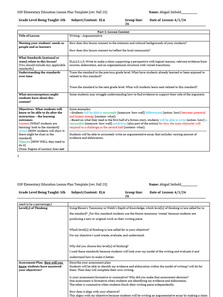 5th Grade ELA Argumentative Essay Plan | PDF | Educational Assessment ...
