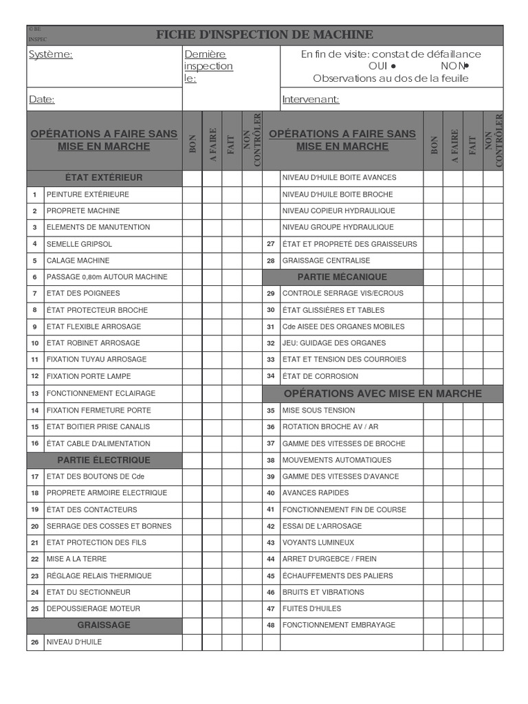 Fiche d'Inspection de Machine | PDF