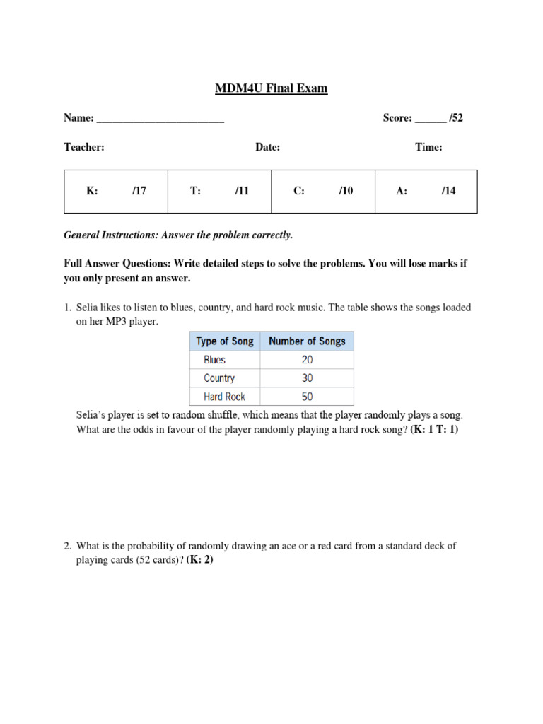 MDM4U Final Practice | PDF | Standard Deviation | Mean