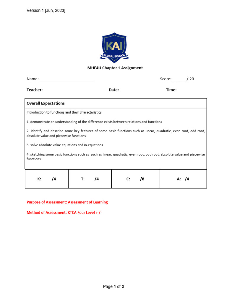 (Q) MHF4U Chapter 1 Summative V1 Q | PDF | Function (Mathematics) | Expected Value