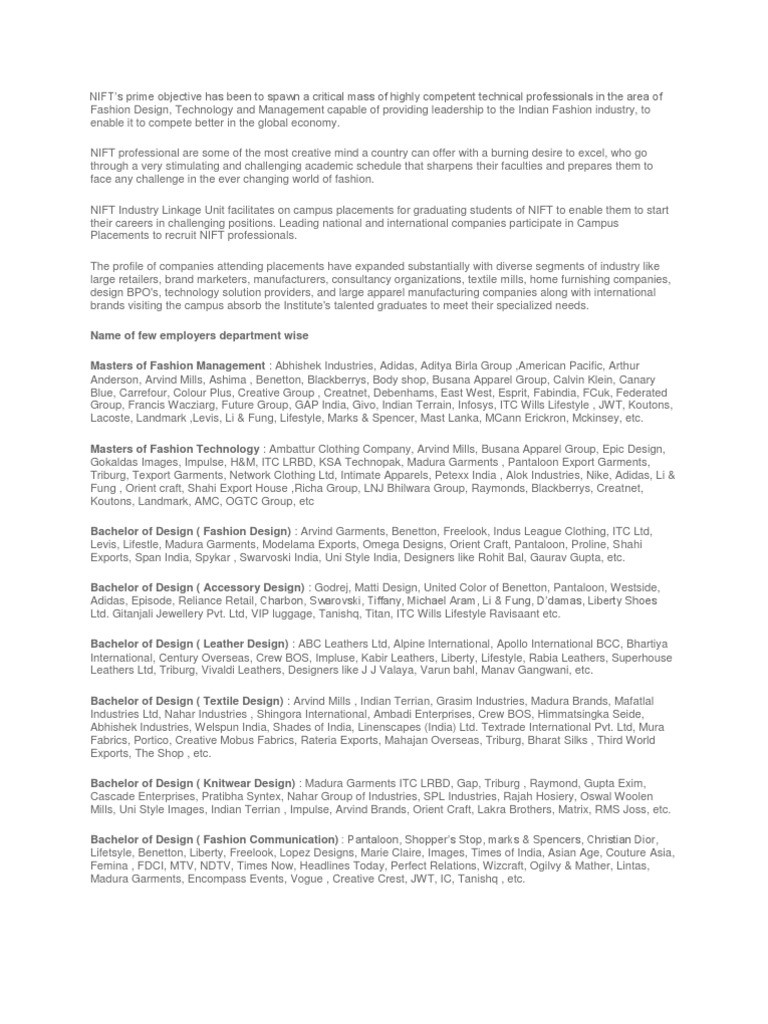 Nift Placements | PDF | Fashion | Fashion Design
