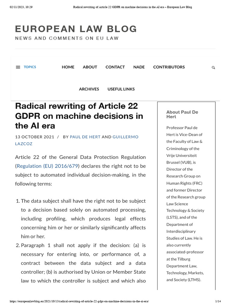 Rewriting Article 22 GDPR for AI Decisions | PDF | European Union Law ...
