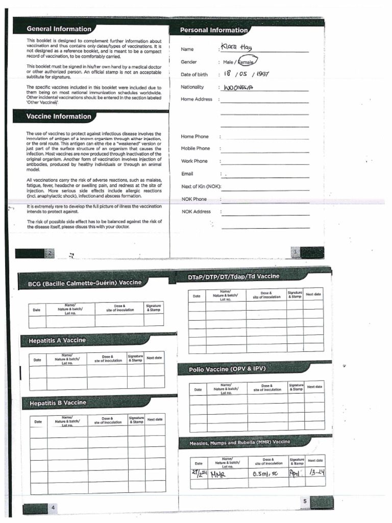 MMR Vaccination Card Dose 1 - Klara Hay | PDF