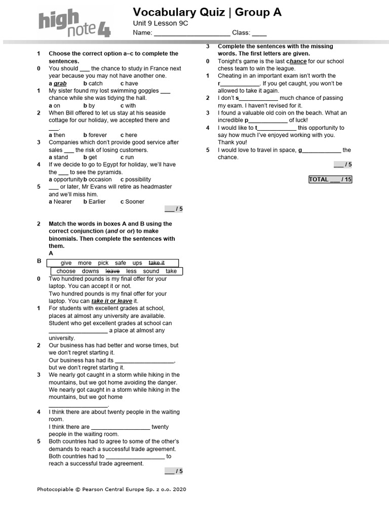 HighNote4 U9C Vocabulary Quiz A | PDF