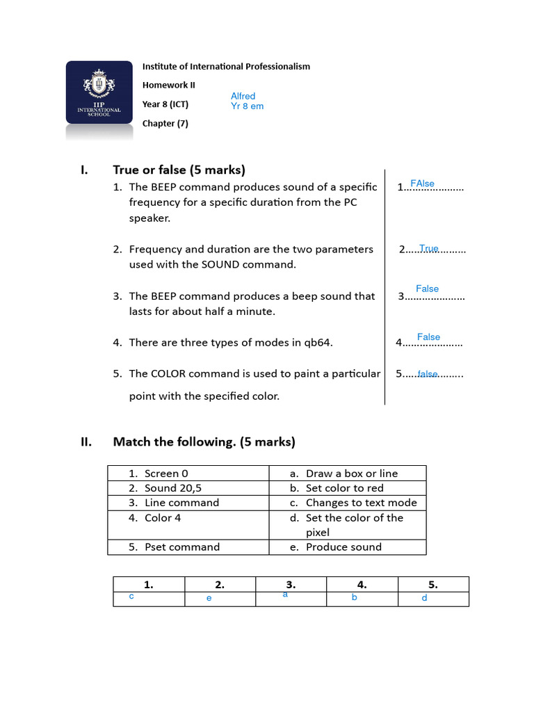 I. True or False (5 Marks) : Institute of International Professionalism Homework II Year 8 (ICT ...