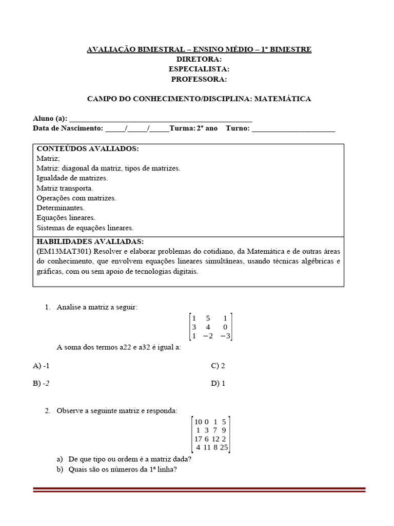 Avaliação 2º Ano Pdf Matriz Matemática Equações