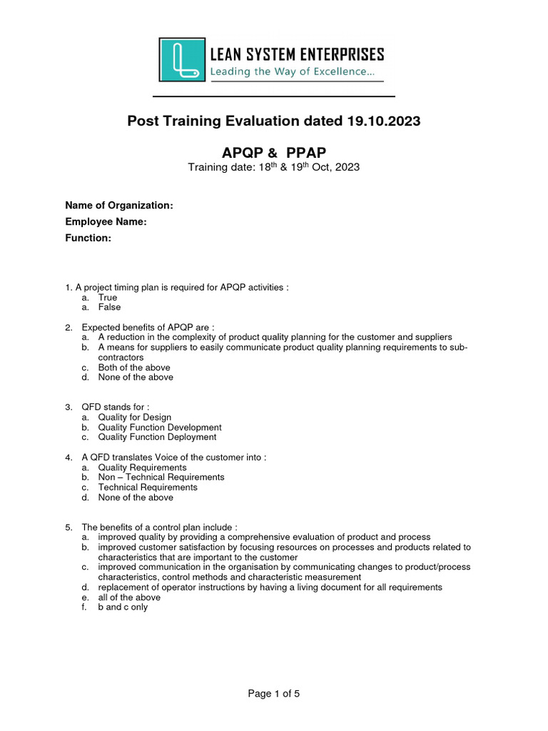 APQP & PPAP Training Post-Evaluation | Download Free PDF | Business ...