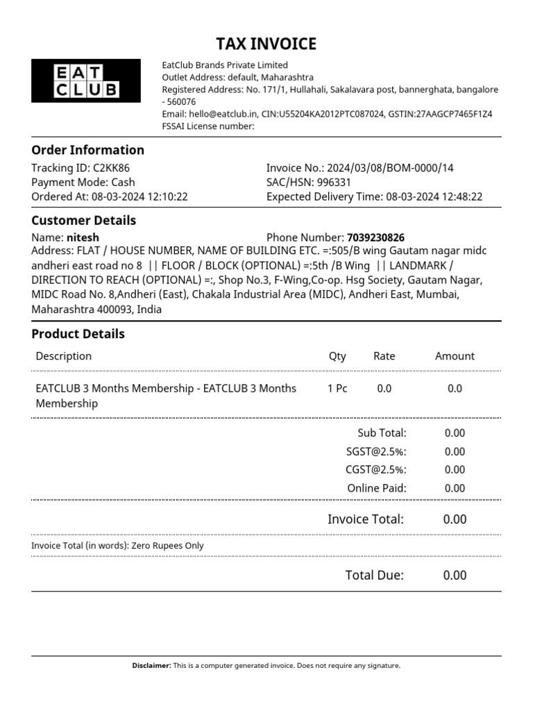 EatClub Tax Invoice March 2024 | PDF