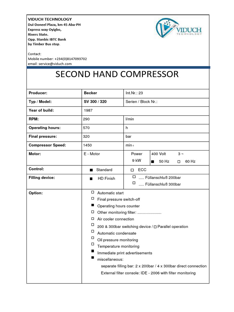Second Hand Becker Compressor SV 300/320 | PDF