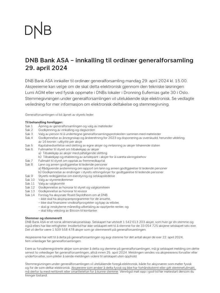 DNB Bank ASA - Innkalling Til Ordinær Generalforsamling 29. April 2024 ...